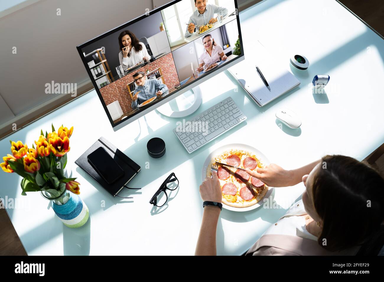 Virtual Office Video Conference Eating Party Or Break Stock Photo - Alamy