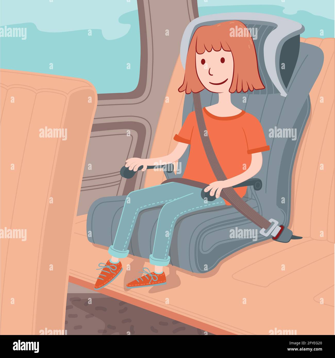 Illustration of a girl on the inside of a car, sitting on a child ...