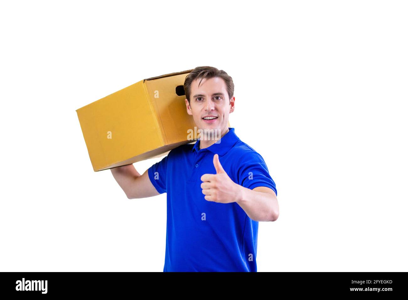 Delivery man carrying package carton box isolated on white background ...