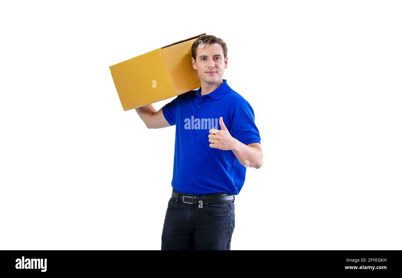 Delivery man carrying package carton box isolated on white background ...