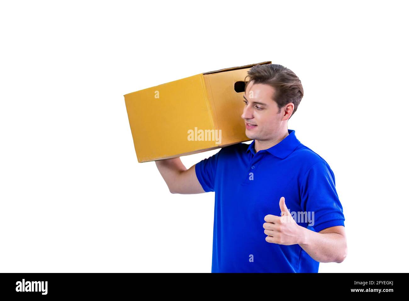 Delivery man carrying package carton box isolated on white background ...