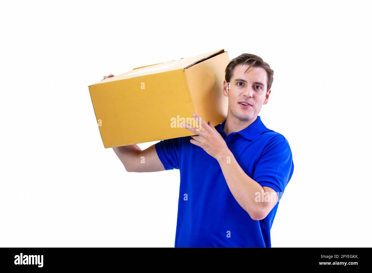 Delivery man carrying package carton box isolated on white background ...