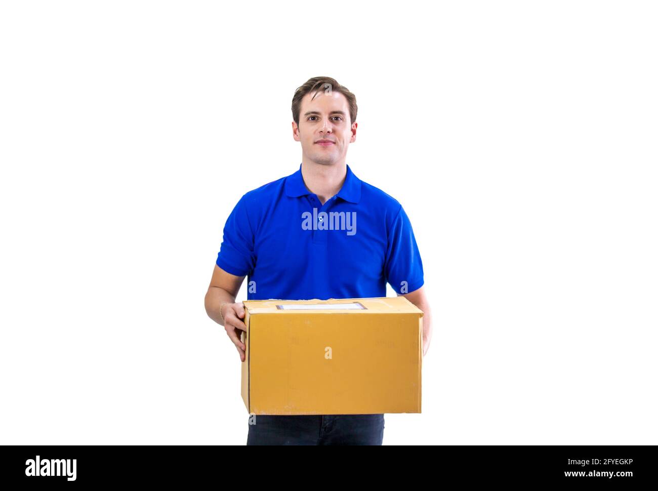 Delivery man carrying package carton box isolated on white background ...