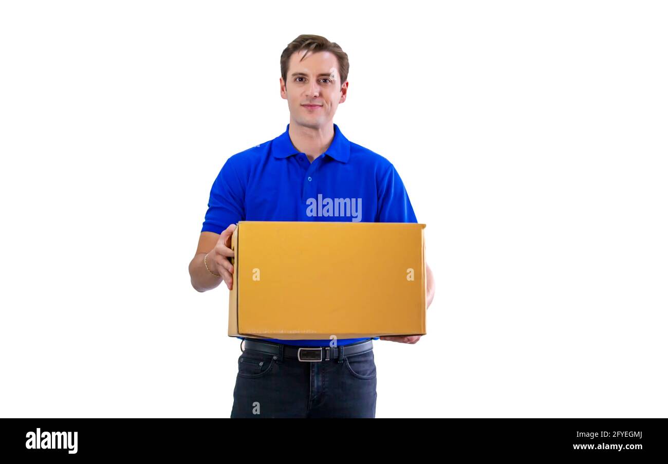 Delivery man carrying package carton box isolated on white background ...