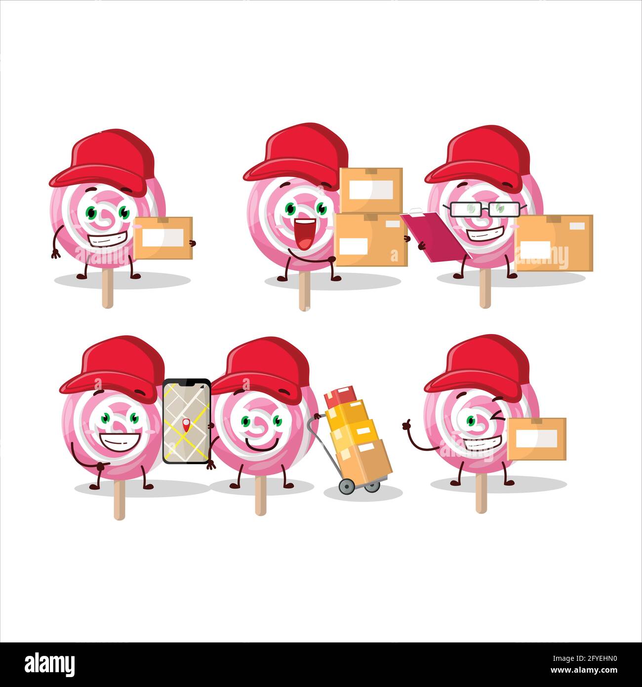 Cartoon character design of lolipop spiral working as a courier. Vector ...