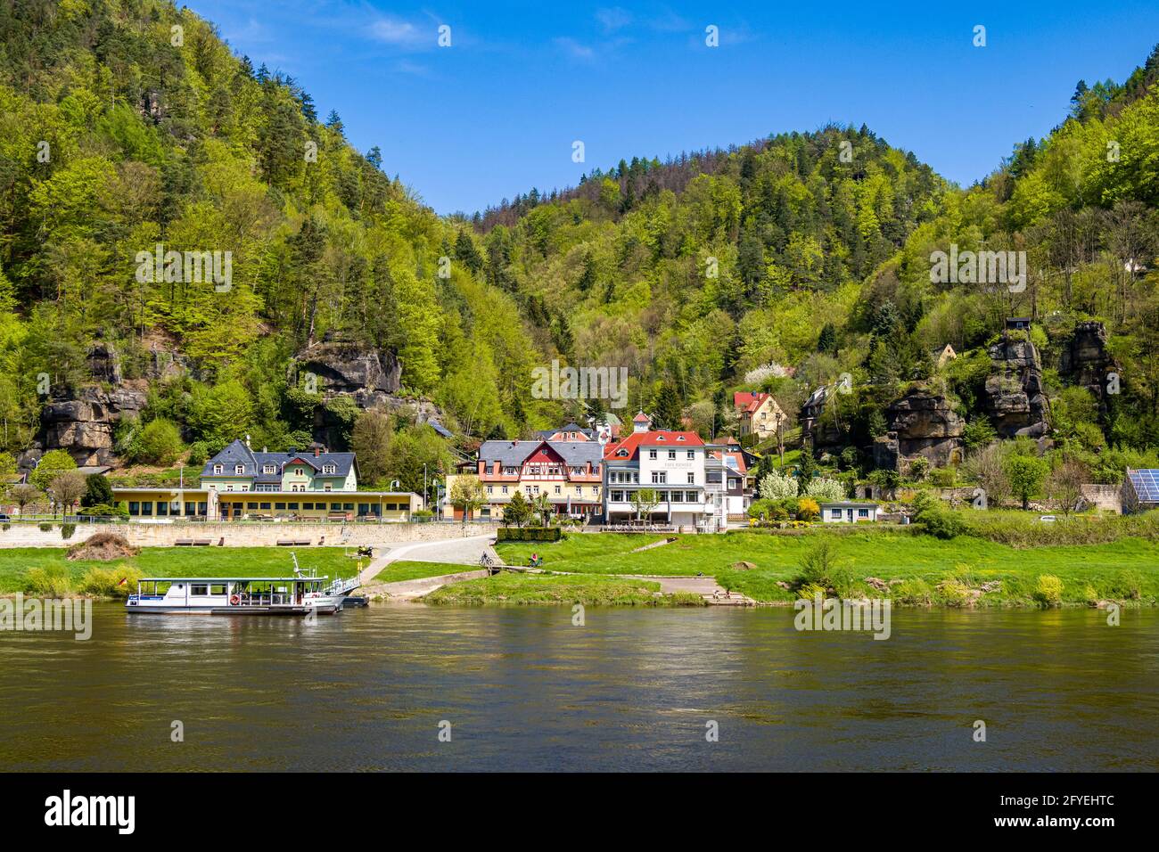 The houses of the small village of Schmilka, located at the border to ...