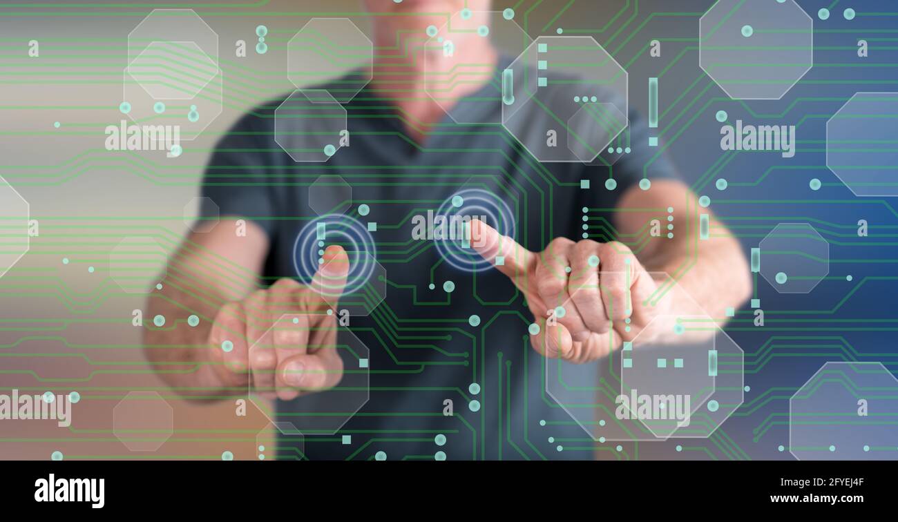 Man touching a digital technology concept on a touch screen with his ...