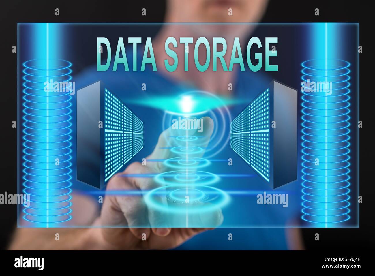 Man touching a data storage concept on a touch screen with his finger ...