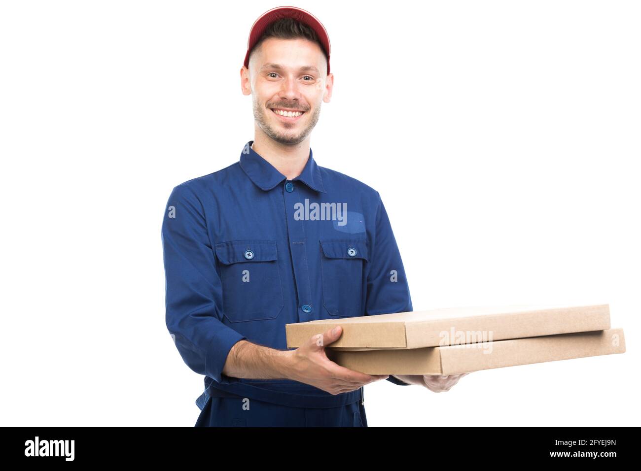 Horizontal medium portrait of handsome young adult Caucasian pizza guy ...