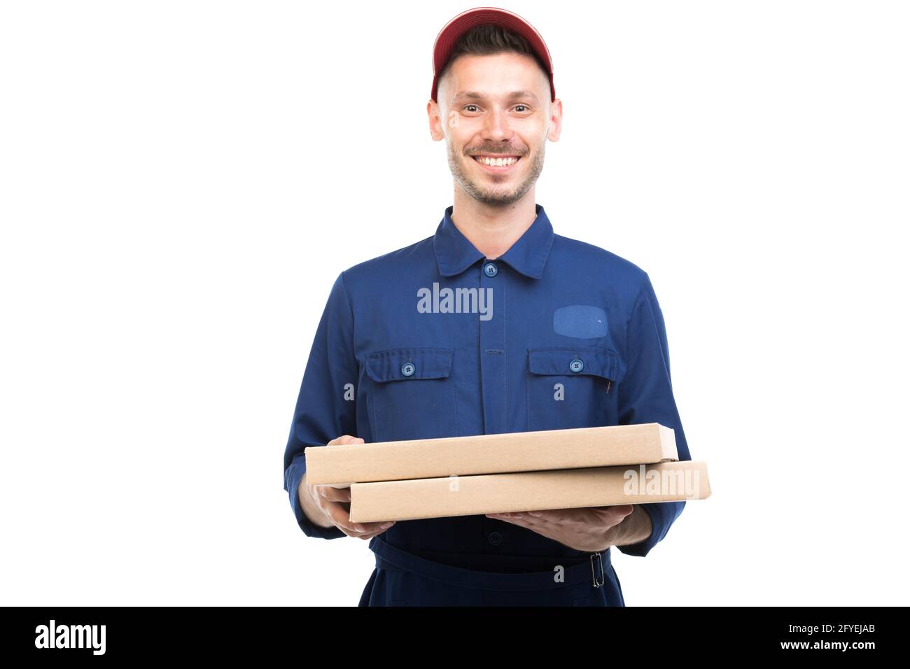 Horizontal medium portrait of handsome young adult Caucasian pizza guy ...