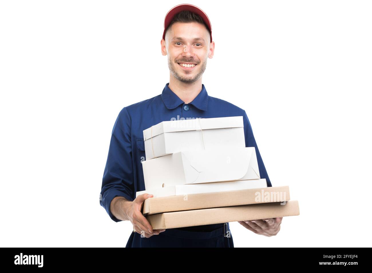 Horizontal medium portrait of handsome young adult Caucasian pizza guy ...