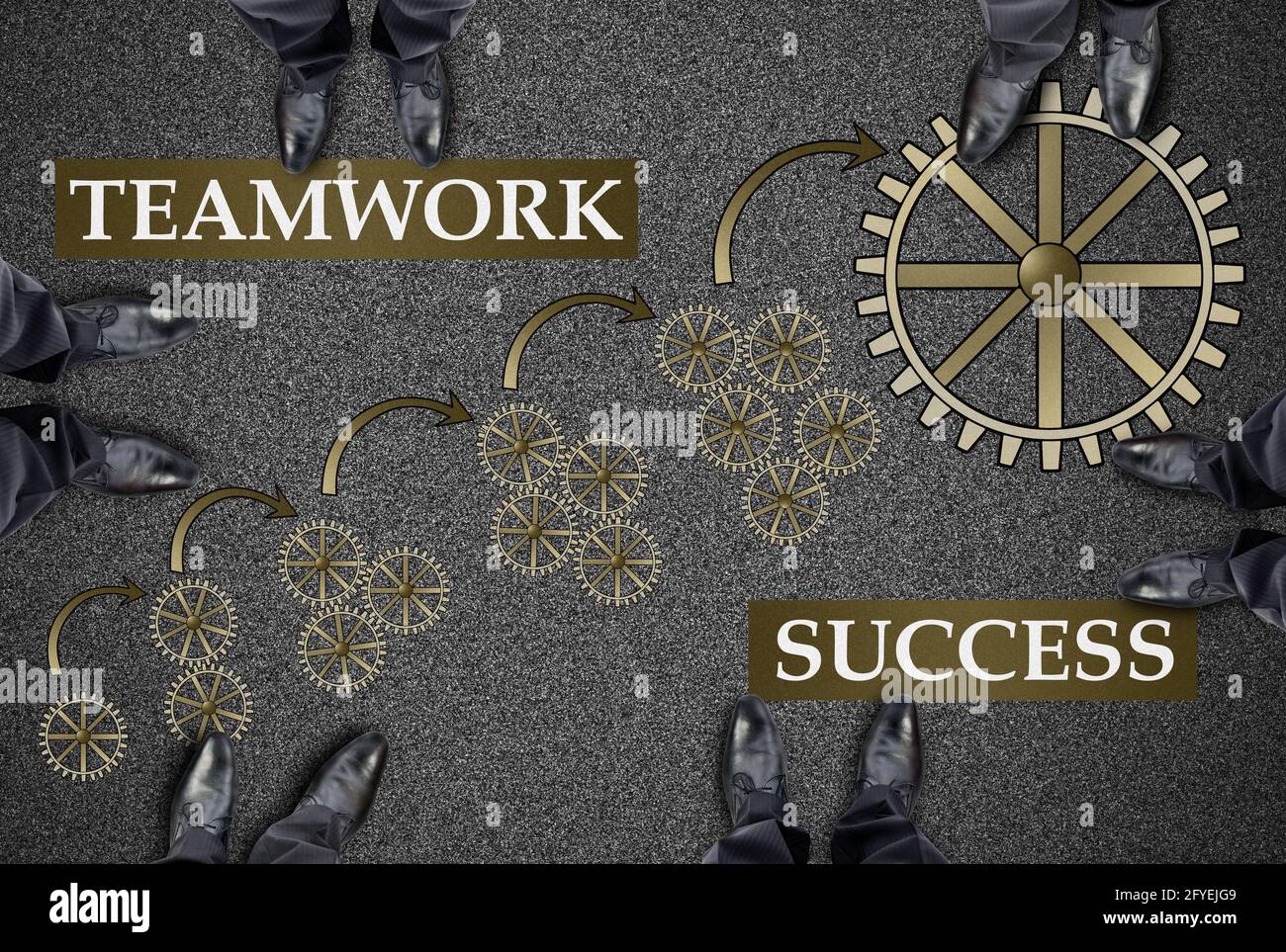 Feet around teamwork success concept drawn on a road Stock Photo - Alamy