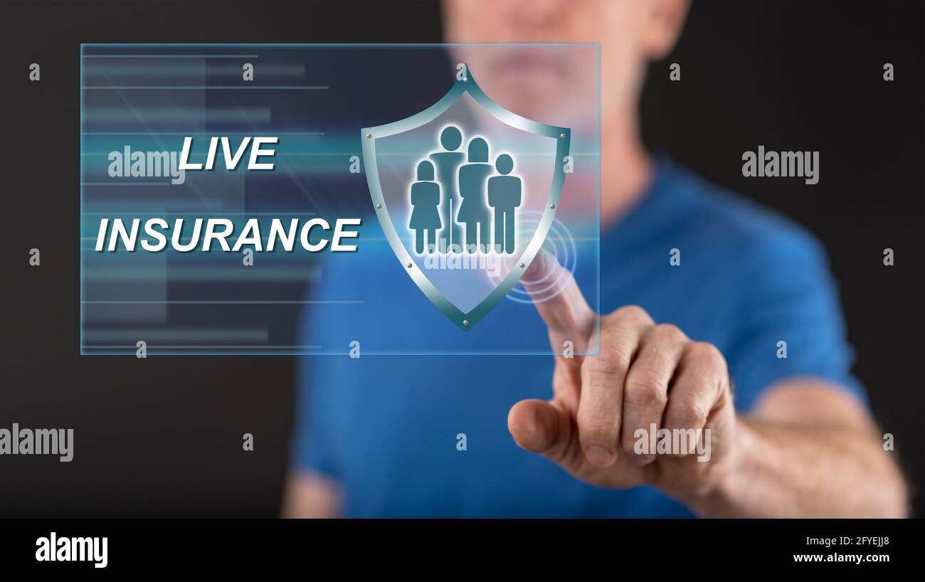 Man touching a life insurance concept on a touch screen with his finger ...