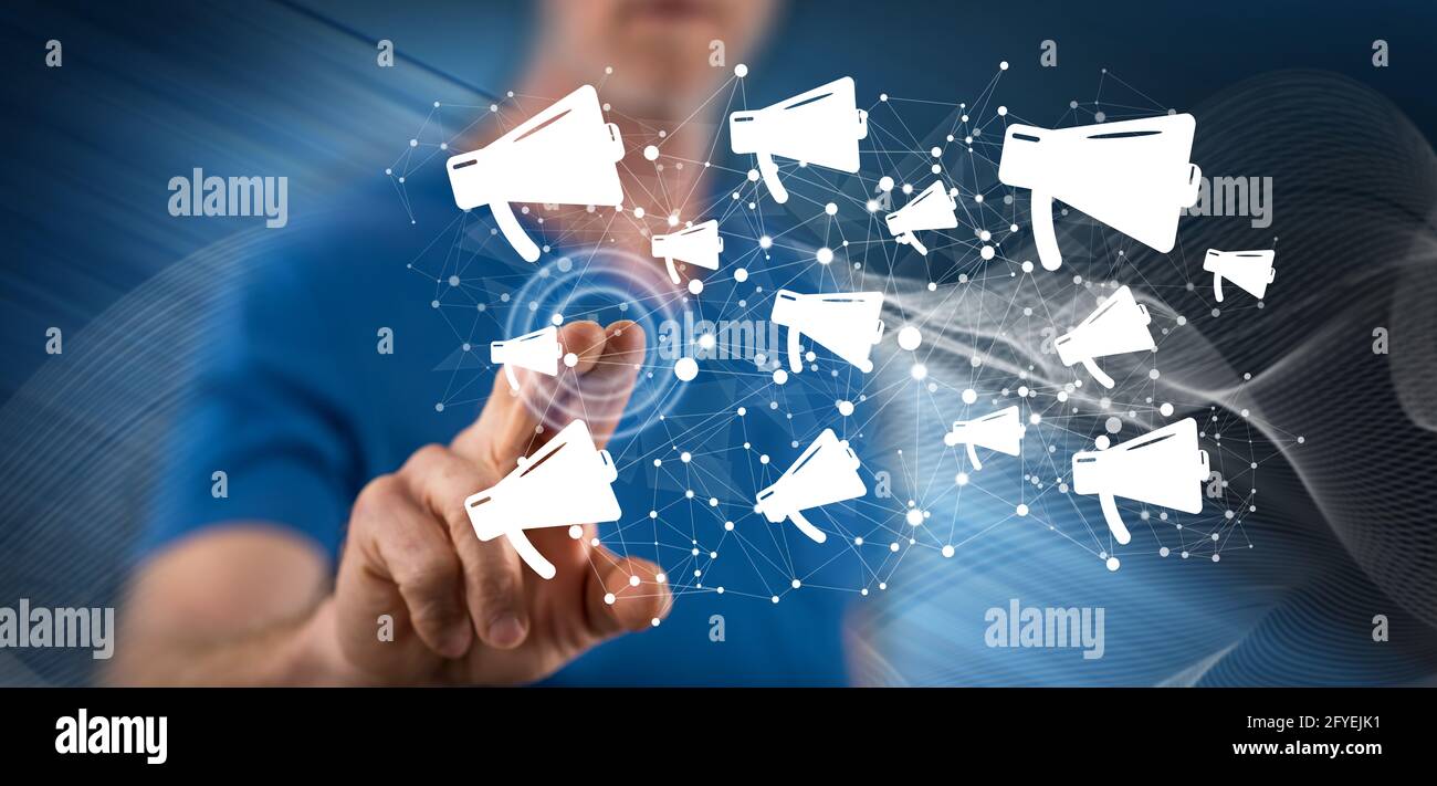 Man touching a digital marketing concept on a touch screen with his ...