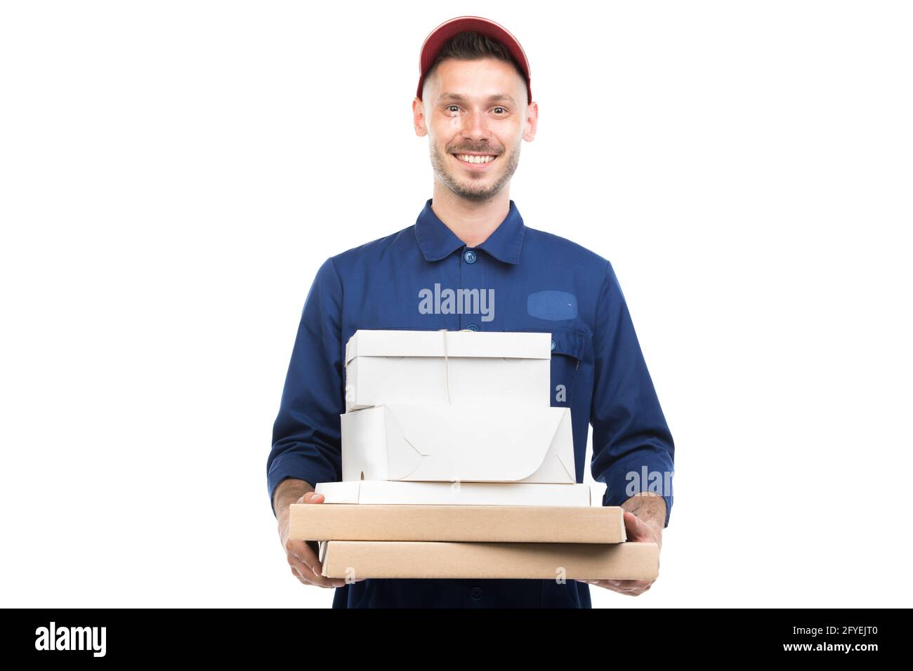 Horizontal medium portrait of handsome young adult Caucasian pizza guy ...