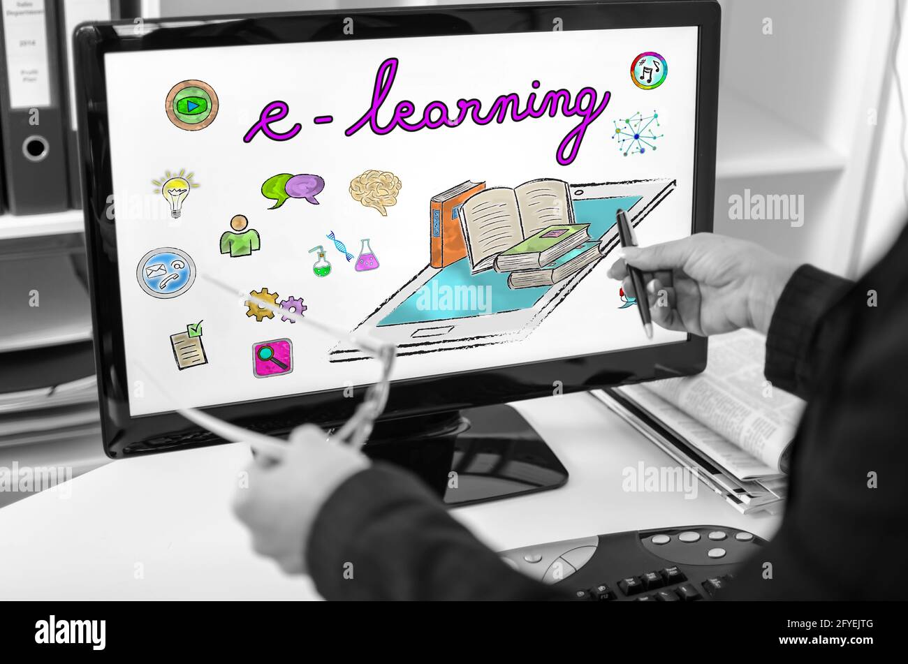 Businesswoman showing e-learning concept on a computer screen Stock ...