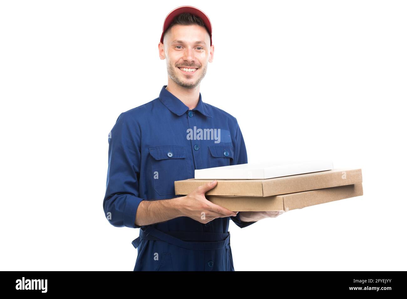 Horizontal medium portrait of handsome young adult Caucasian pizza guy ...