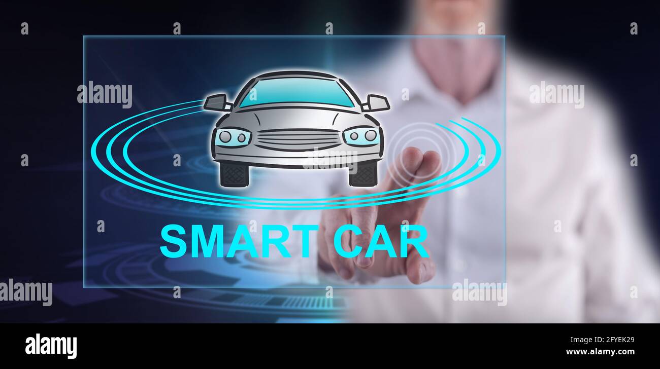 Man touching a smart car concept on a touch screen with his finger ...