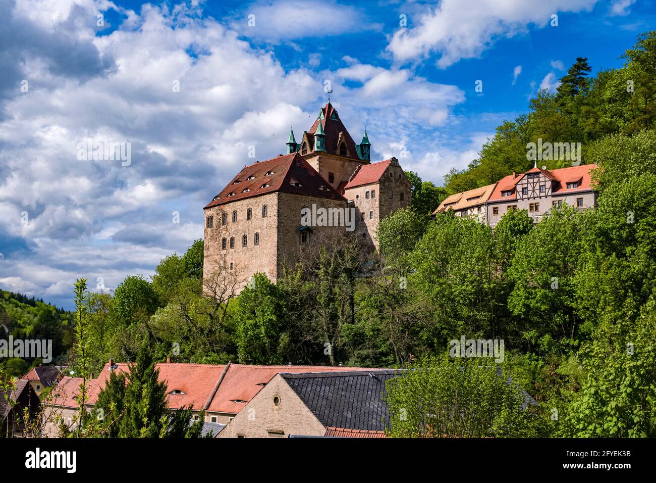 The medieval castle Kuckuckstein, built in 940, throning over the roofs ...