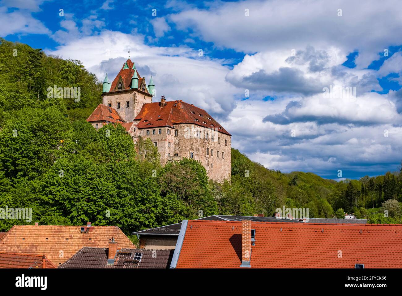 The medieval castle Kuckuckstein, built in 940, throning over the roofs ...