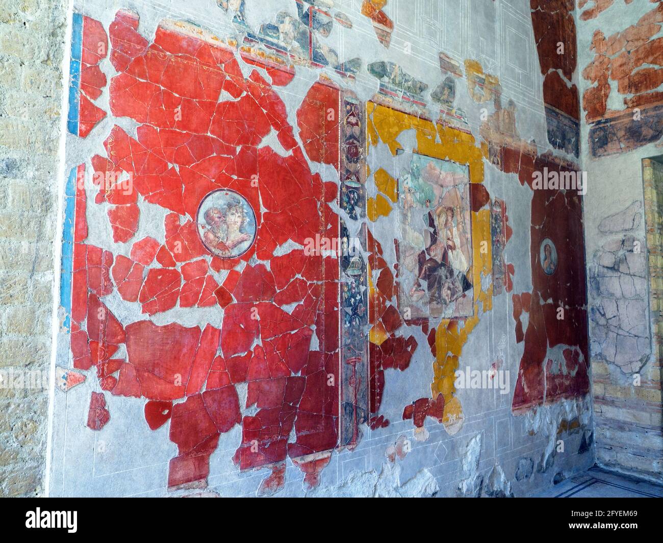 Fresco decorated walls of the tablinum (central room at the end of the ...