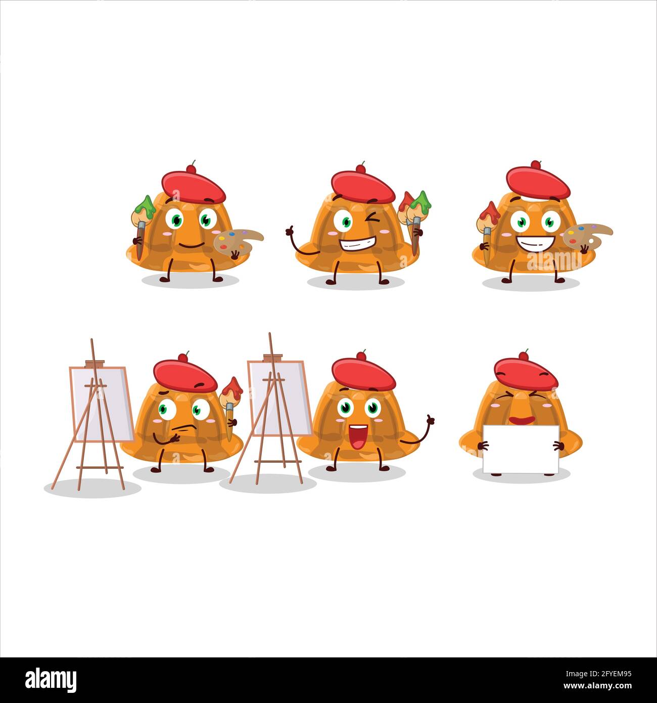 Artistic Artist of orange pudding with cerry cartoon character painting ...