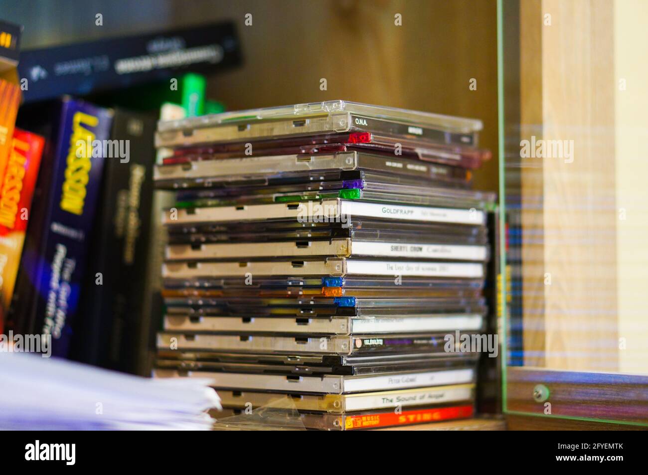 POZNAN, POLAND - Apr 05, 2016: Stack of different music compact discs ...