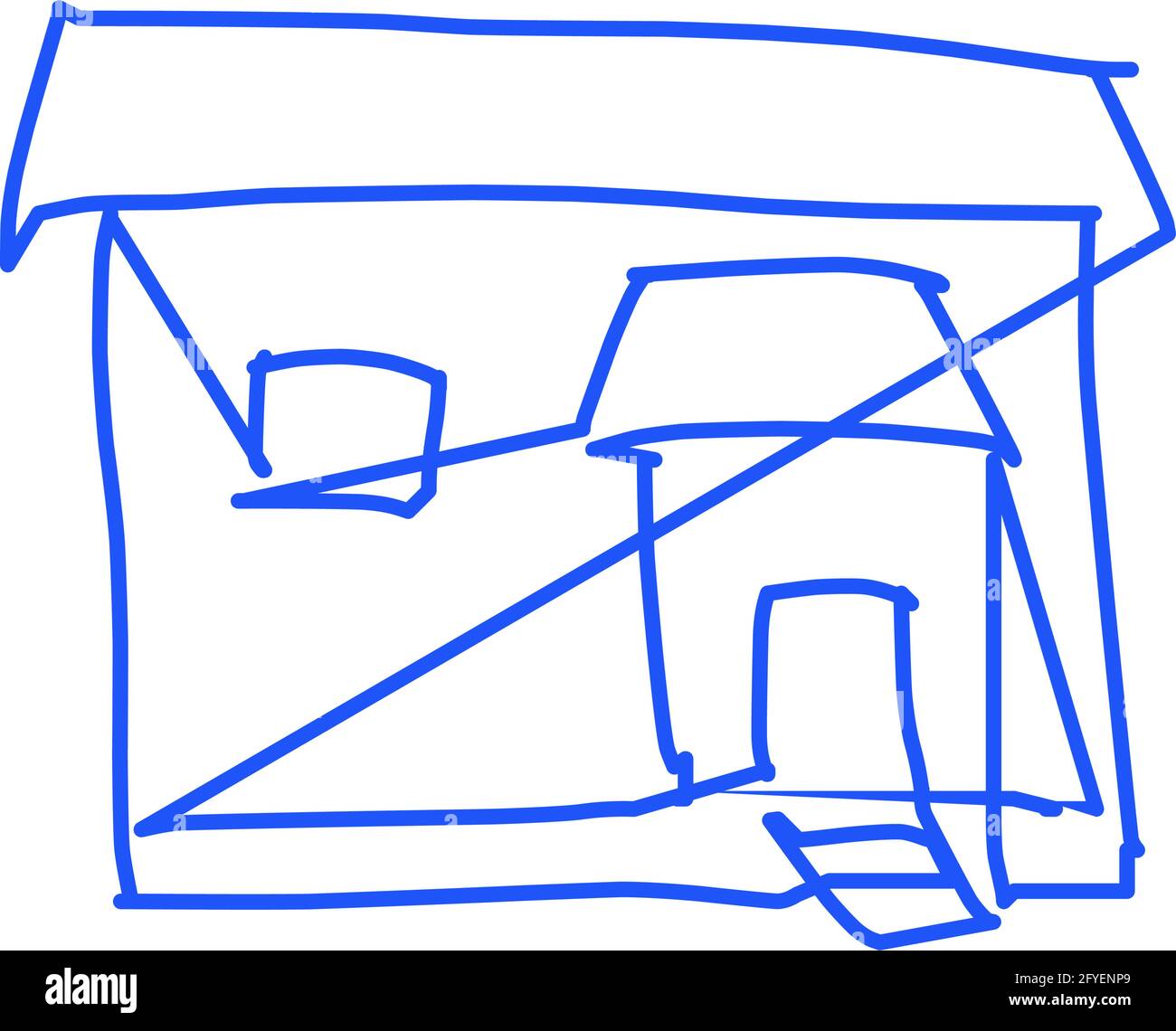 House icon of rough line art in hand drawn style, one line, blue 17 ...