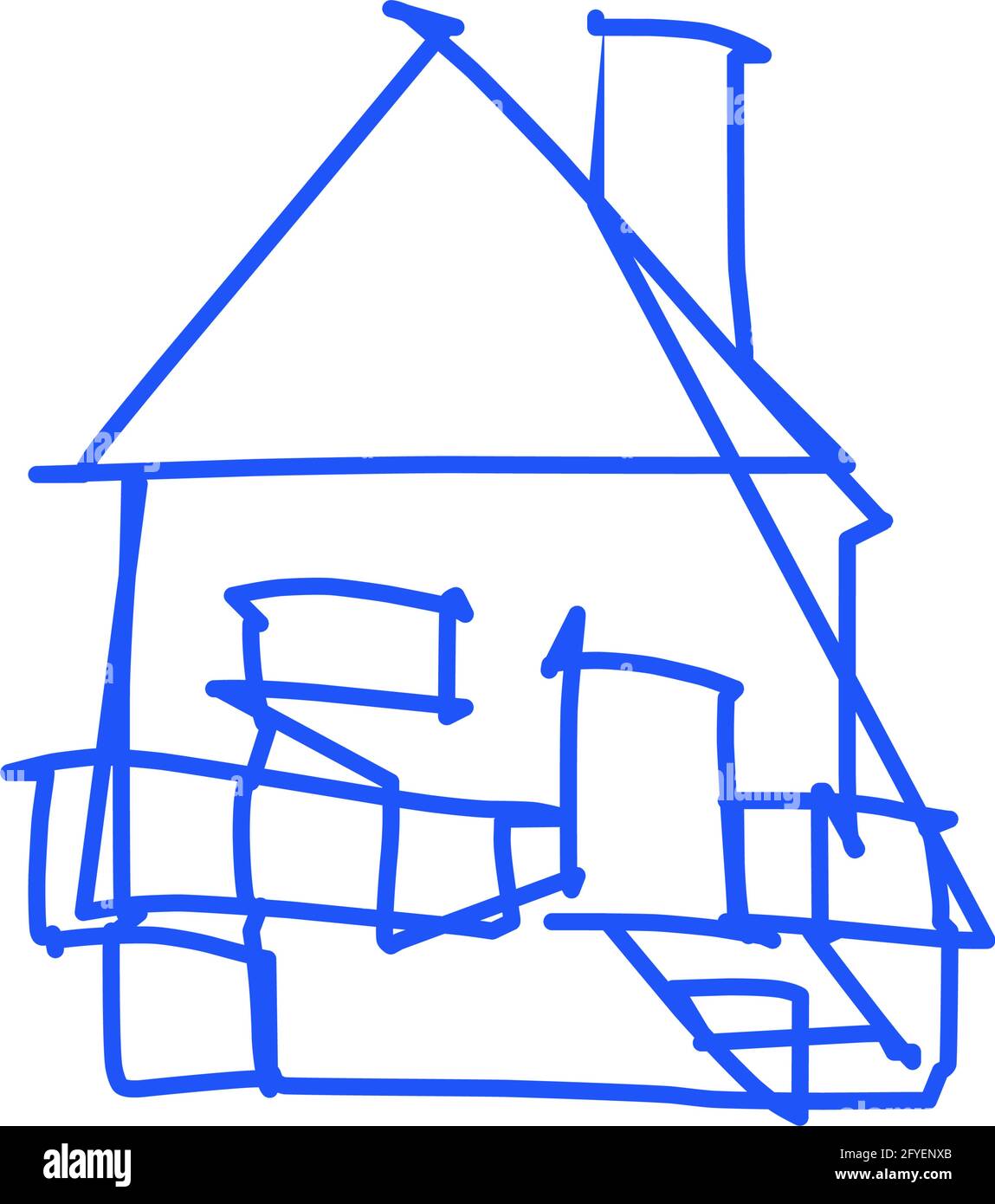 House icon of rough line art in hand drawn style, one line, blue 02 ...