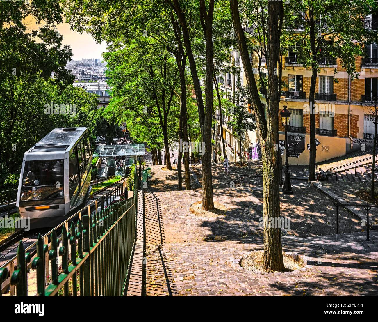 FRANCE. PARIS (75). STAIRS IN RUE FOYATIER AND MONTMARTRE'S FUNICULAR ...