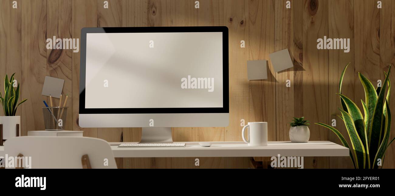 3D rendering, office room interior design with computer, office ...