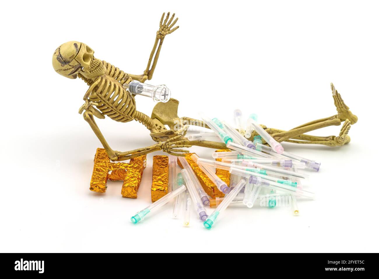 Still life concept human body bone ,syringe stabbing chest ,needles and ...