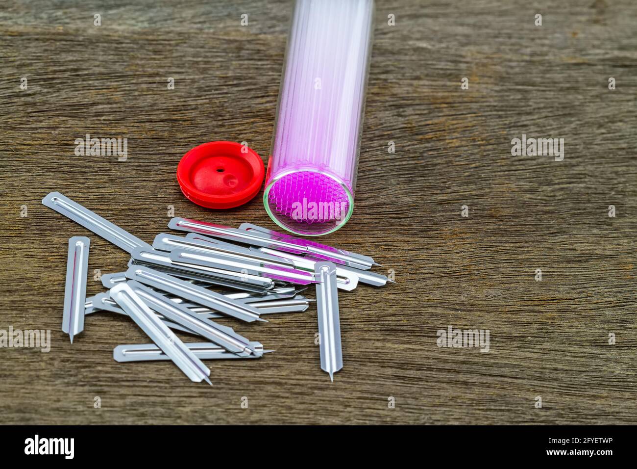 Close up capillary tube with blood lancet , Medical equipment on wooden ...