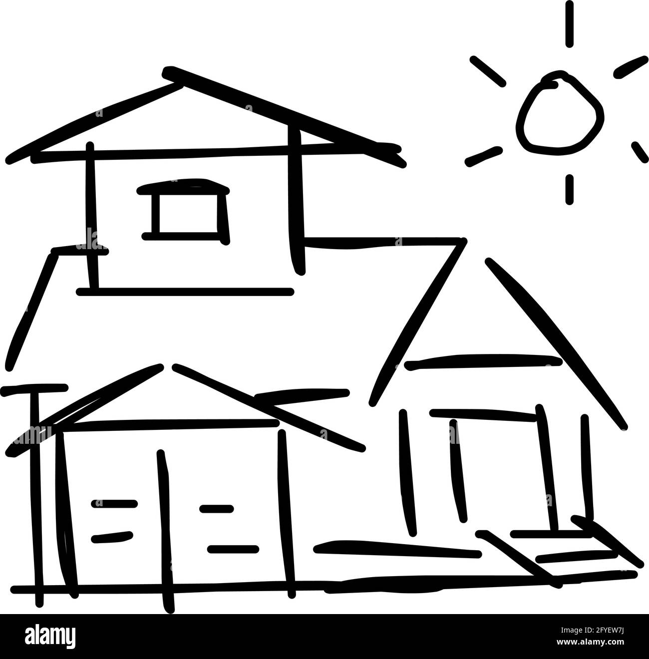 House icon of rough line art in hand drawn style, sun, black 09 Stock ...