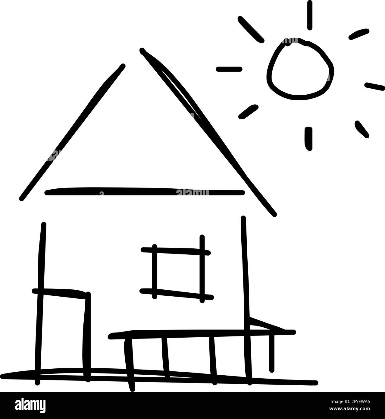 House icon of rough line art in hand drawn style, sun, black 03 Stock ...