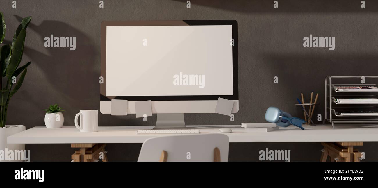 3D rendering, loft office room interior design with computer desk with ...