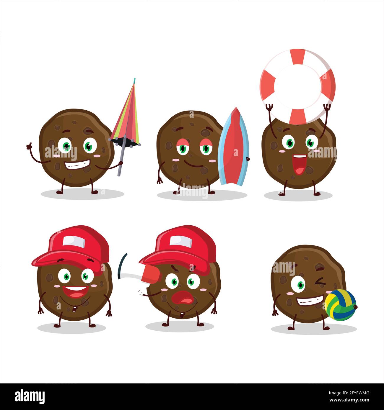 Happy Face chocolate cookies cartoon character playing on a beach ...
