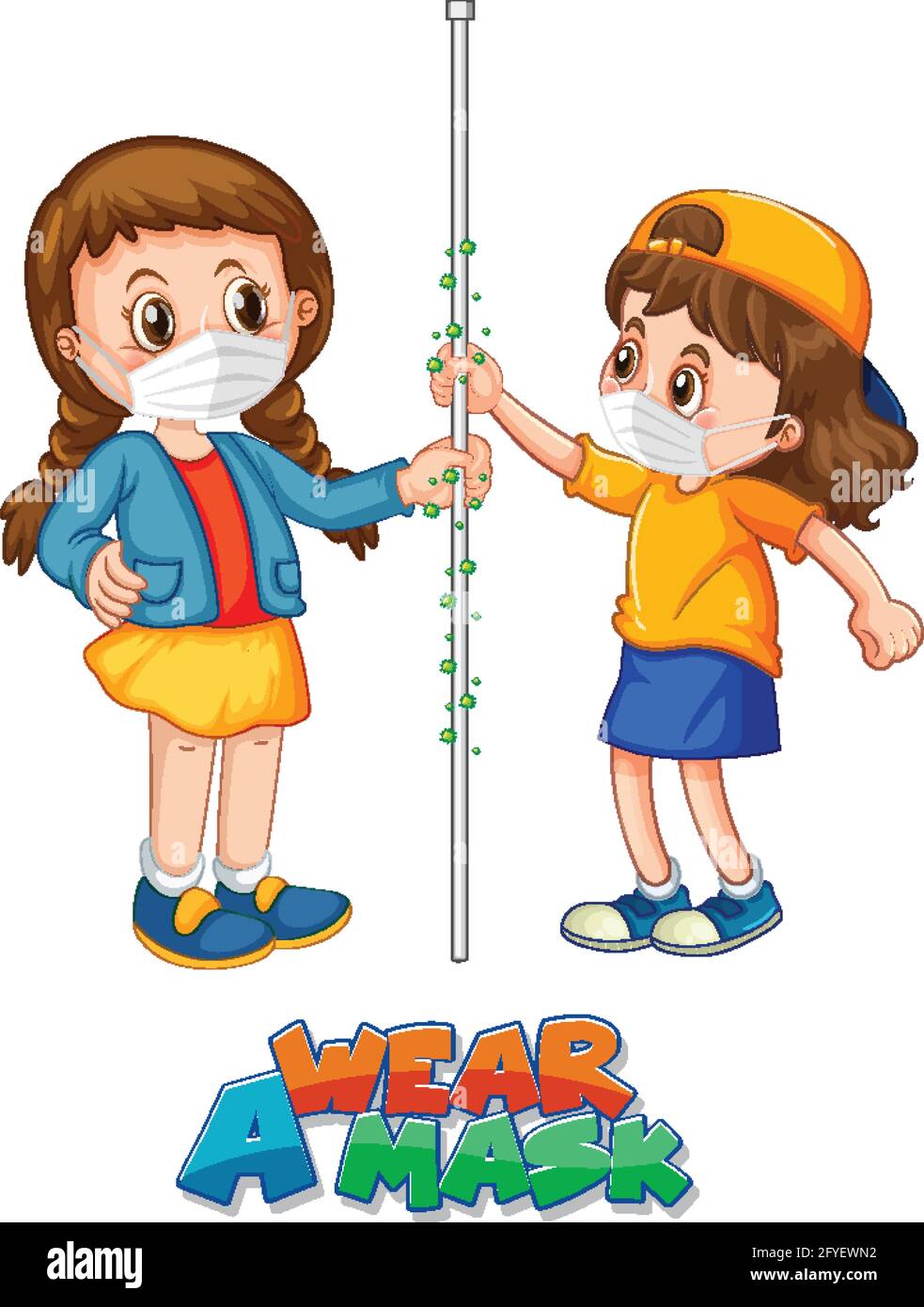 Wear a Mask font in cartoon style with two kids do not keep social ...