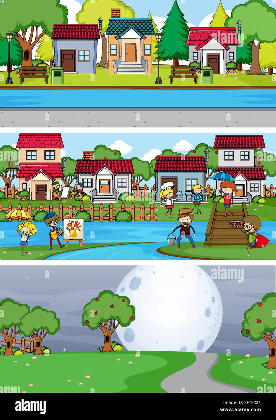 Set of different horizon scenes background with doodle kids cartoon ...