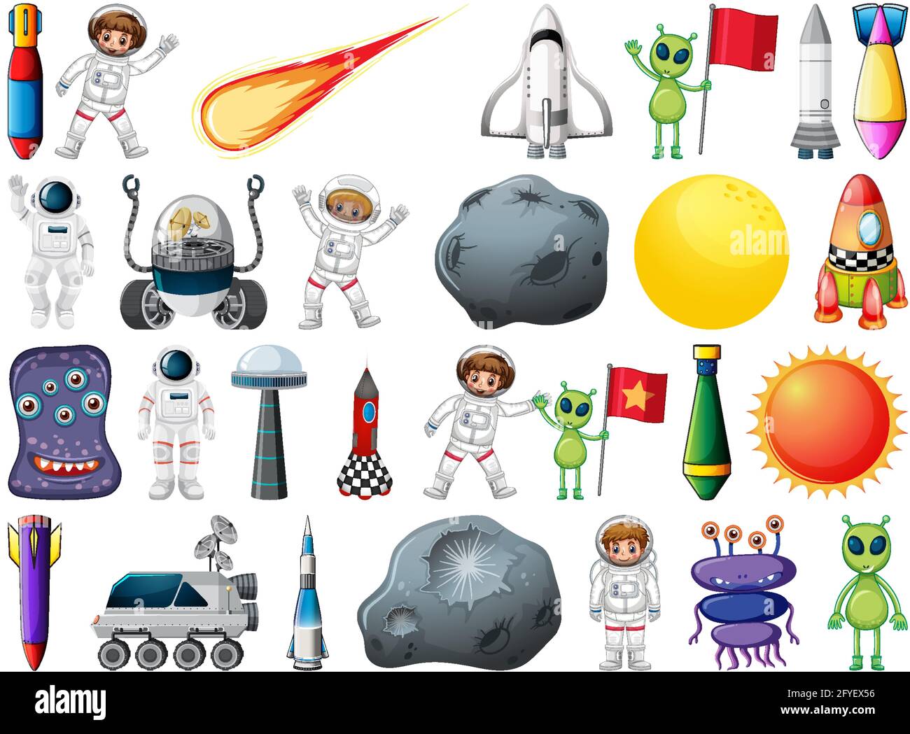 Set of space objects and elements isolated on white background ...