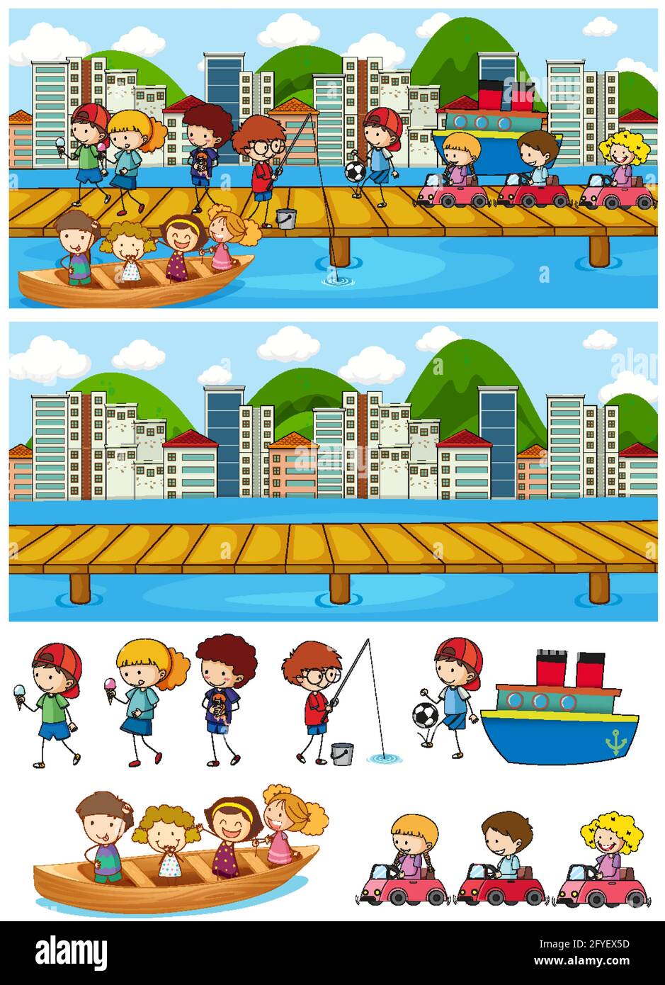 Set of different horizontal scenes background with doodle kids cartoon ...