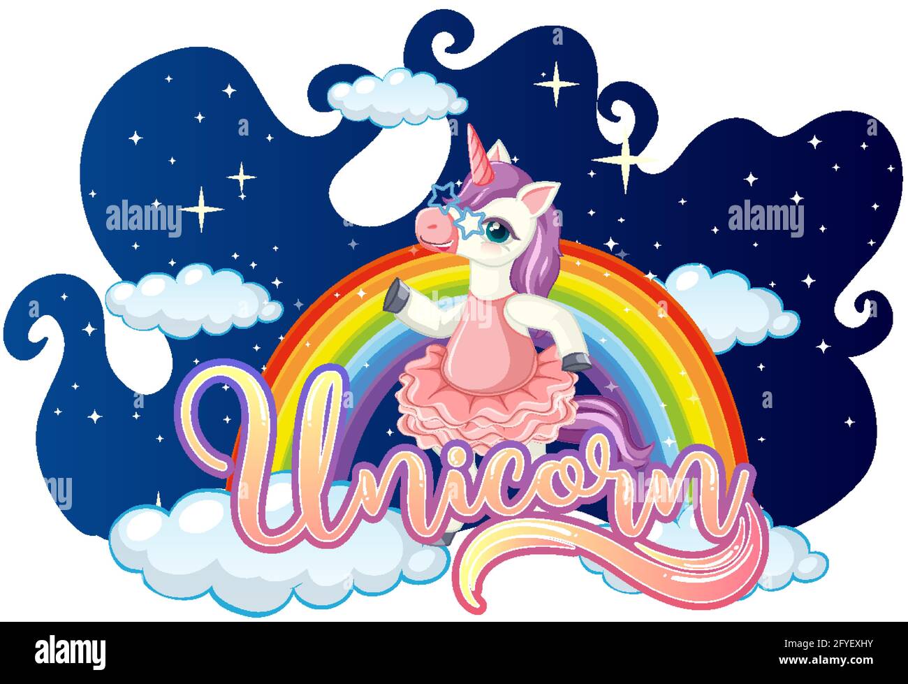 A Fairy Tale font with unicorn cartoon character standing on a cloud ...
