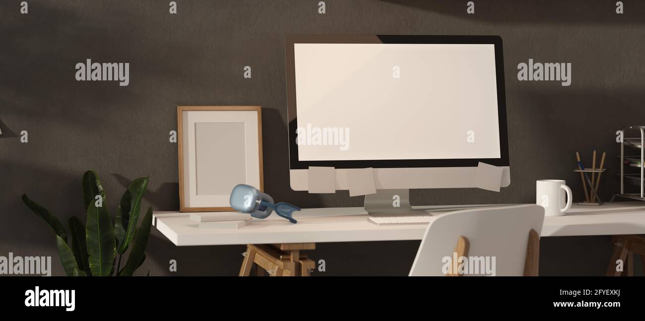 3D rendering, loft office room interior design with computer desk with ...