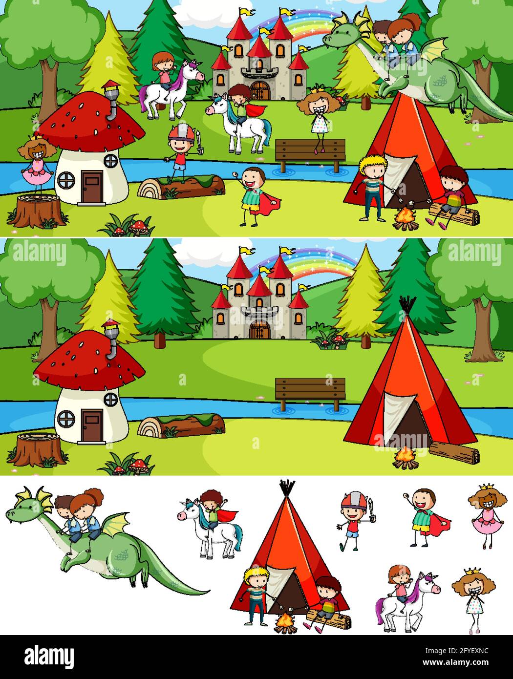 Set of different horizontal scenes background with doodle kids cartoon ...