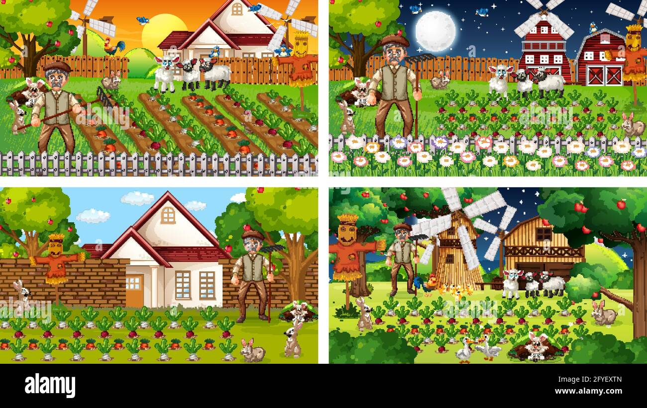 Different farm scenes with old farmer and animal cartoon character ...