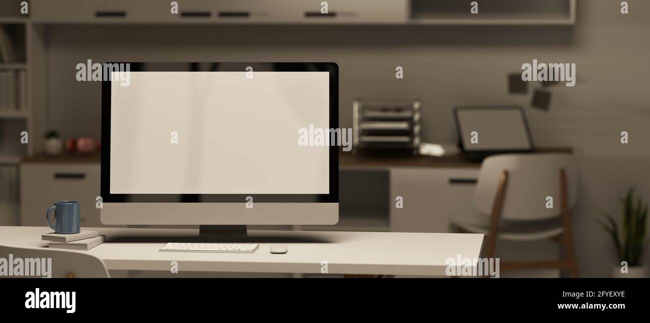 3D rendering, white office desk with computer monitor and equipments ...