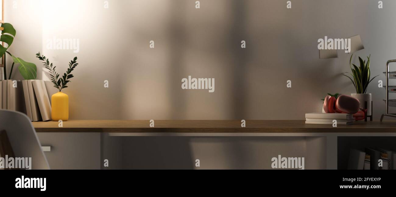 3D rendering, office desk with copy space, office supplies and ...