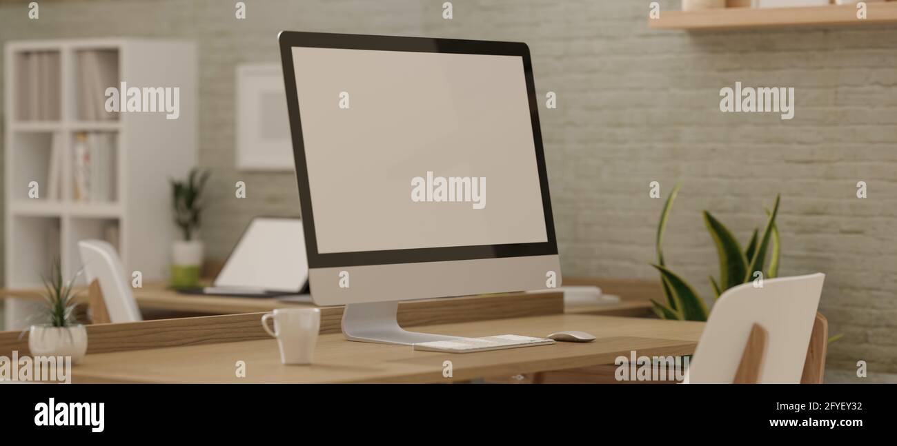 Side view, 3D rendering, simple wooden computer desk in cozy office ...