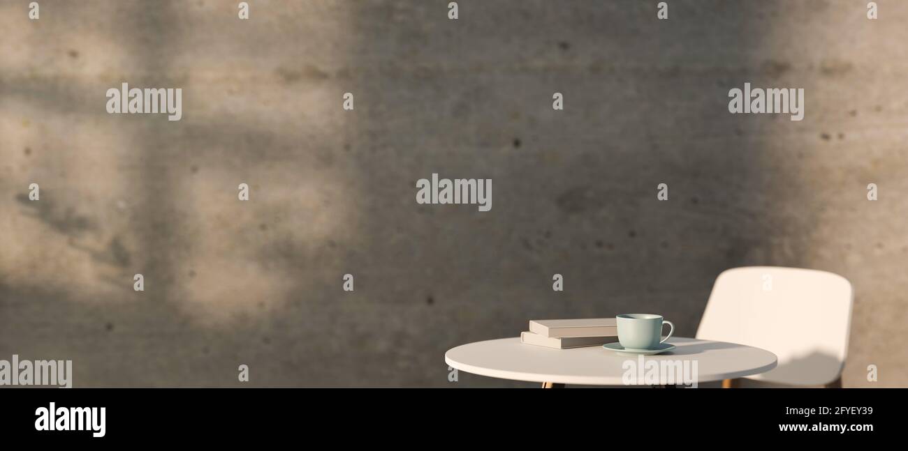 3D rendering, white coffee round table with cup, books and chair in ...