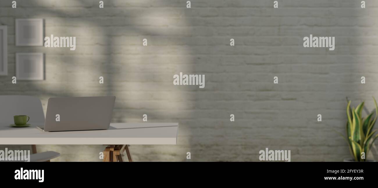 3D rendering, workspace with laptop on the white table and chair with ...